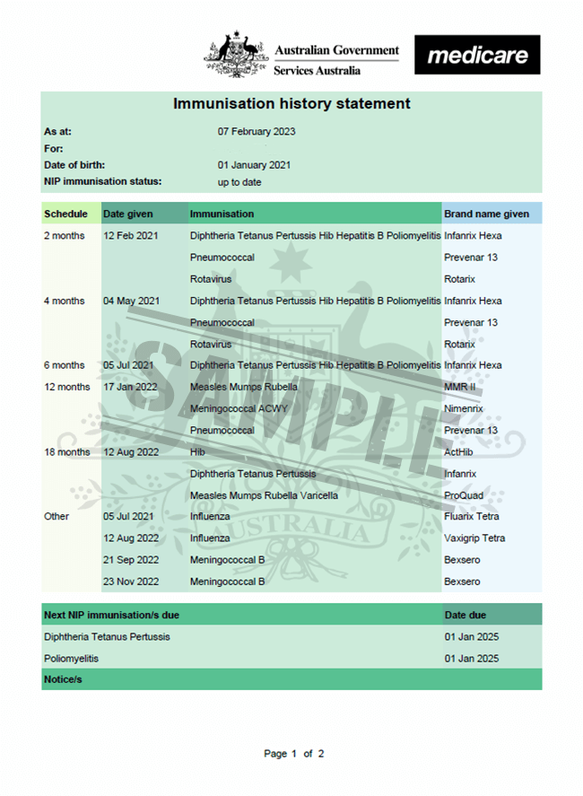Sample Immunisation Statement | ECMS Sample Immunisation Statement